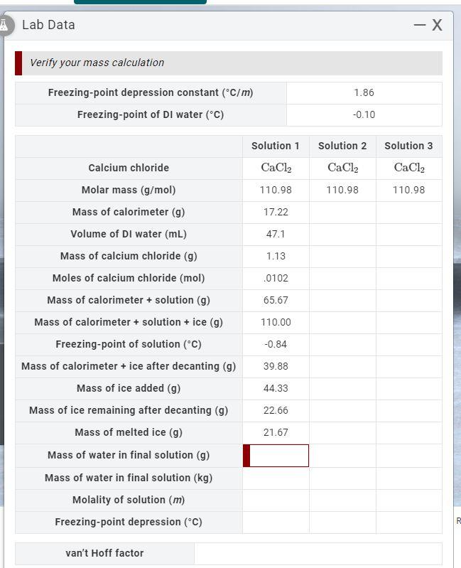 Solved Lab Data Verify your mass calculation Freezing-point | Chegg.com