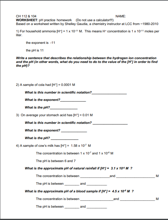 Solved CH 112 & 104 NAME: WORKSHEET: pH practice homework | Chegg.com