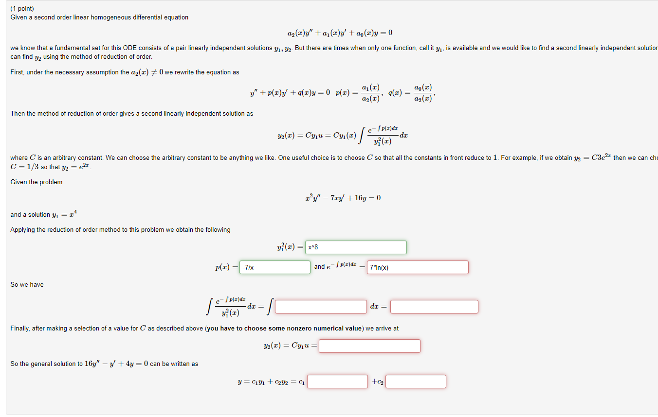 Solved (1 point) Given a second order linear homogeneous | Chegg.com