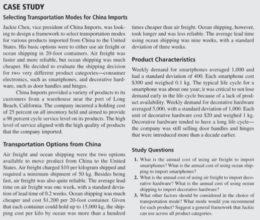 Solved CASE STUDY Selecting Transportation Modes for China | Chegg.com