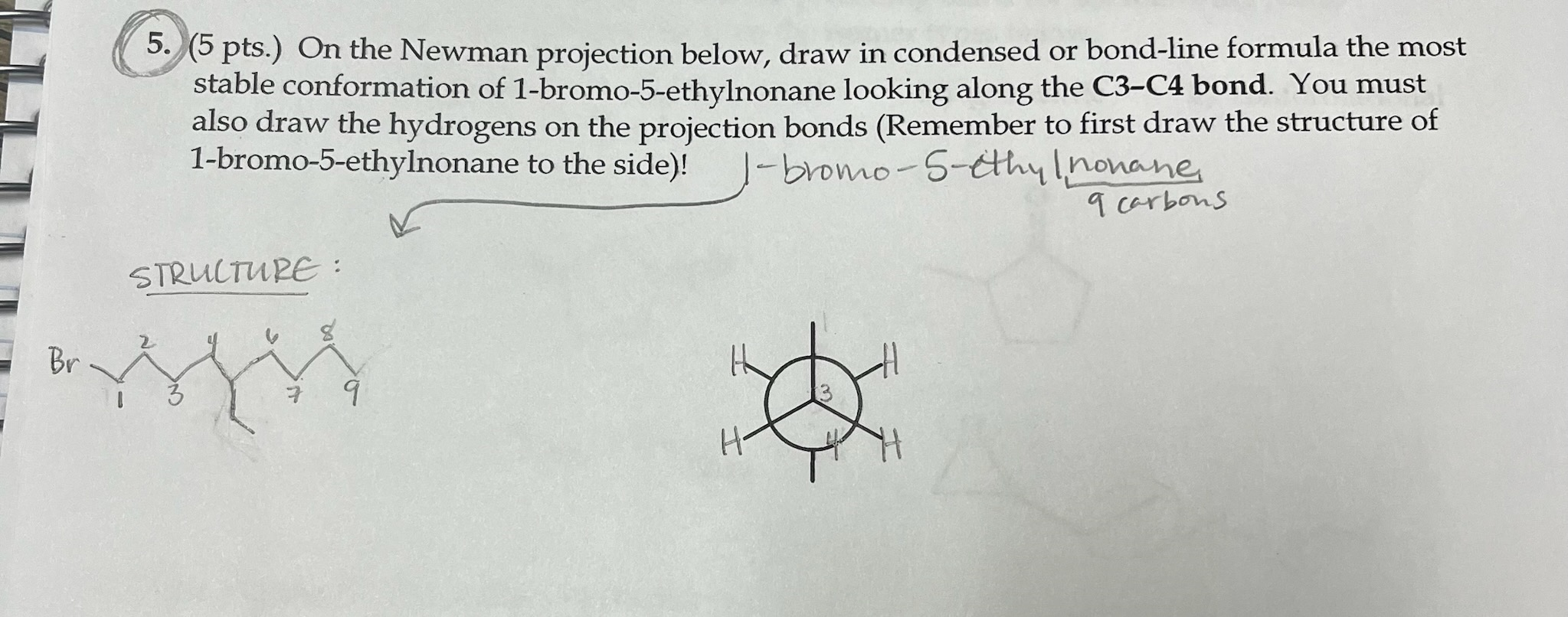 Solved 5. (5 pts.) On the Newman projection below, draw in | Chegg.com