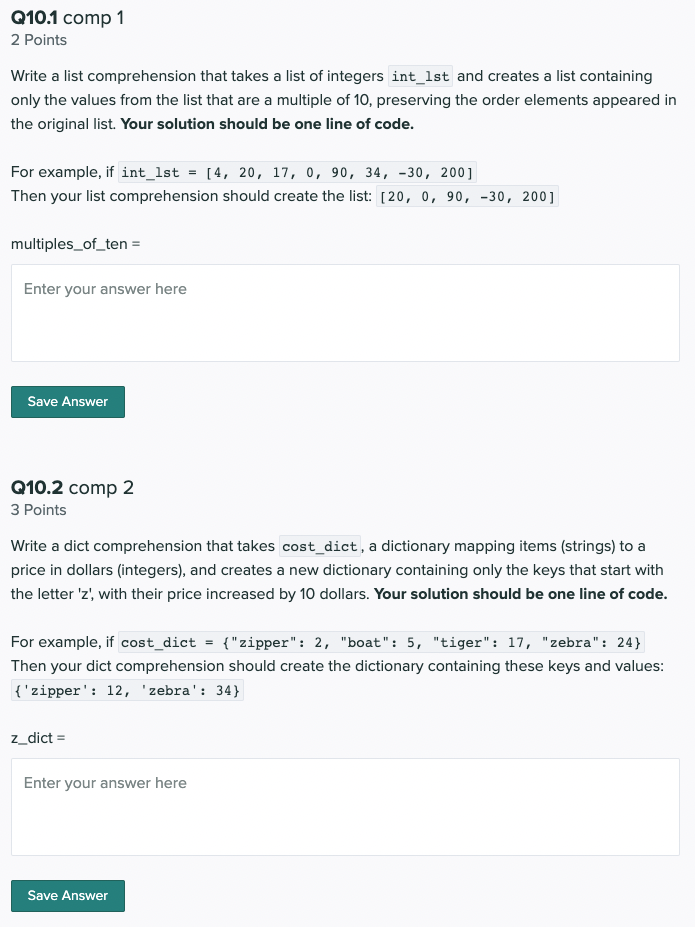 Solved Q10.1 comp 1 2 Points Write a list comprehension that | Chegg.com