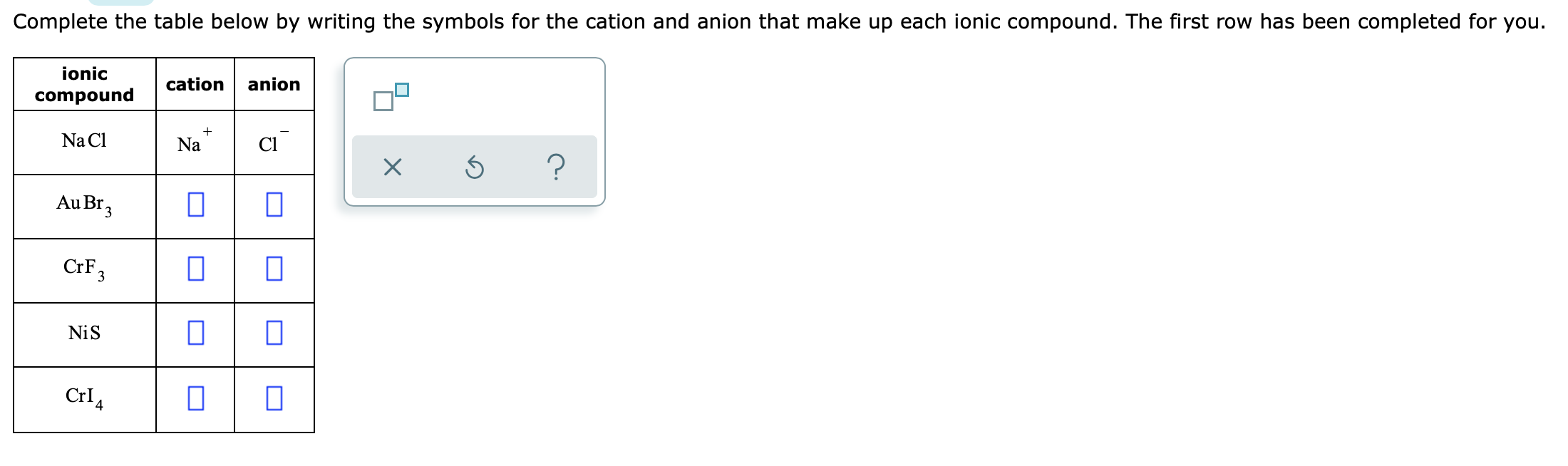 Solved Complete the table below by writing the symbols for | Chegg.com