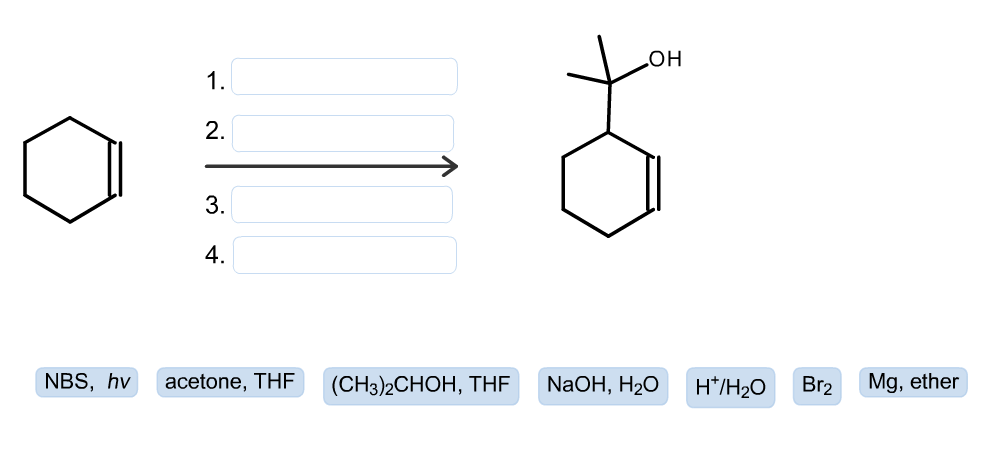Solved но 1. 2. 3. 4. NBS, hv acetone, THF Mg, ether NaOH, | Chegg.com