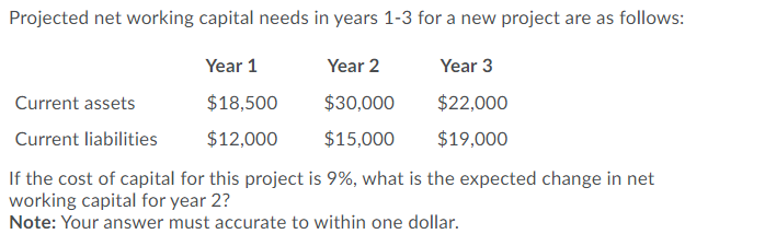 Solved Projected net working capital needs in years 1-3 for | Chegg.com