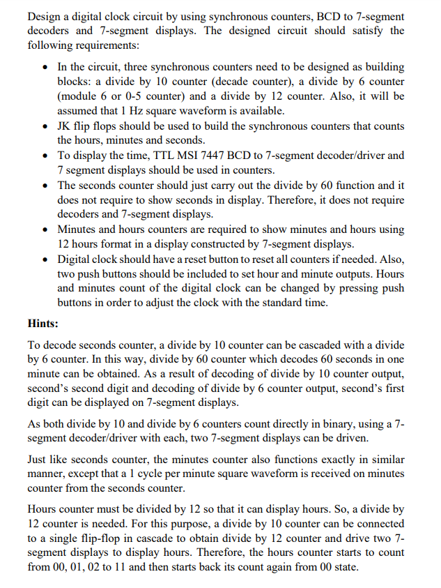Solved Logic Design Project: Digital Clock Circuit Design | Chegg.com