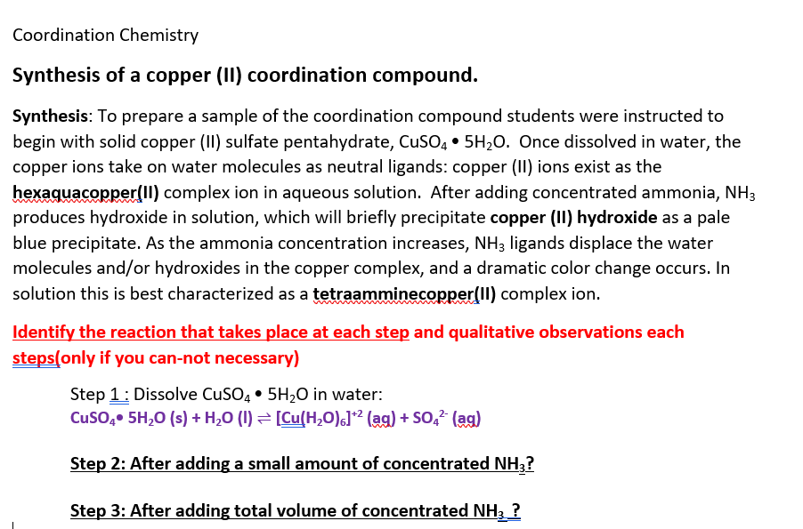 Solved Coordination Chemistry Synthesis of a copper (11) | Chegg.com