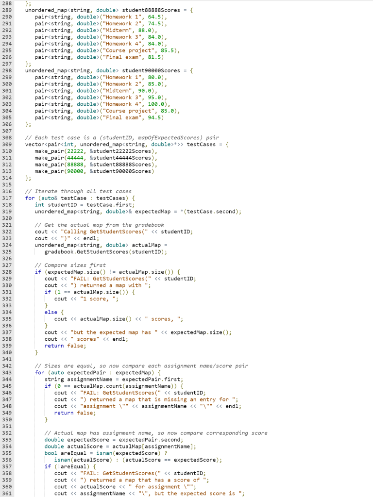 Solved 6.11 LAB: Course gradebook with unordered_map (C++). | Chegg.com