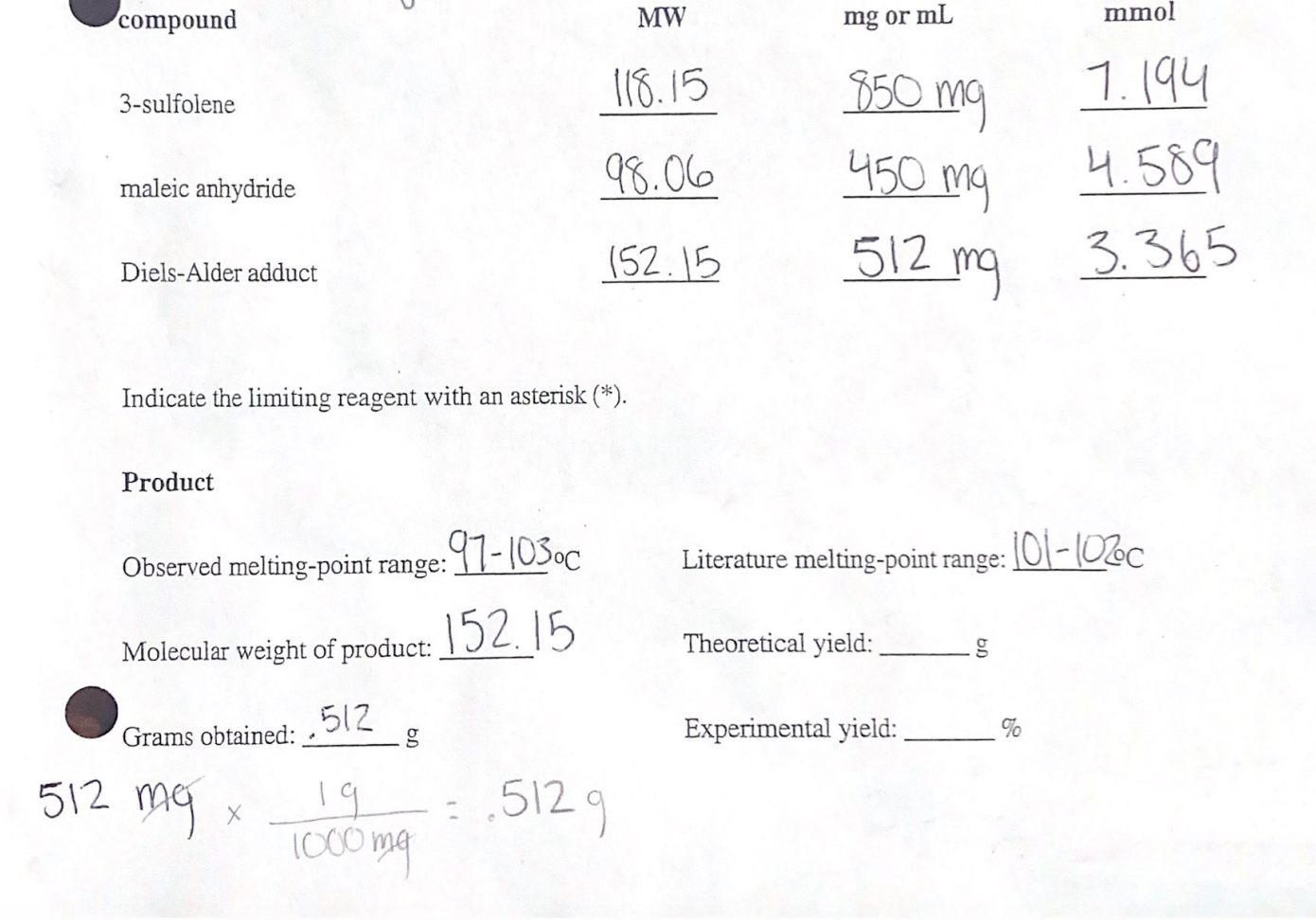 Solved - compound MW mg or mL mmol 118.15 3-sulfolene 850 mg | Chegg.com