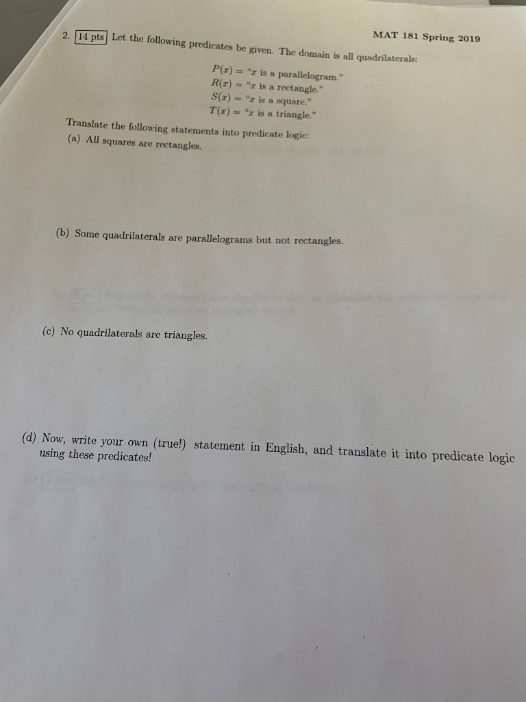 Solved 2. 14 pts Let the following predicates be given. The | Chegg.com