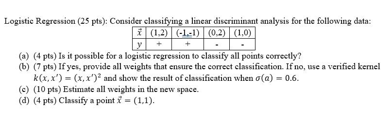 Solved a Logistic Regression (25 pts): Consider classifying | Chegg.com