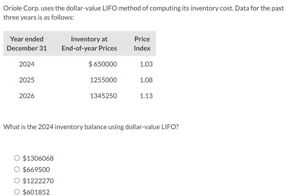 Solved Oriole Corp. uses the dollar-value LIFO method of | Chegg.com