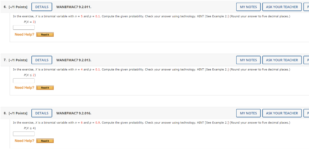 Solved [-/1 Points] WANEFMAC7 9.2.011. P(X=3) [-/1 Points] | Chegg.com
