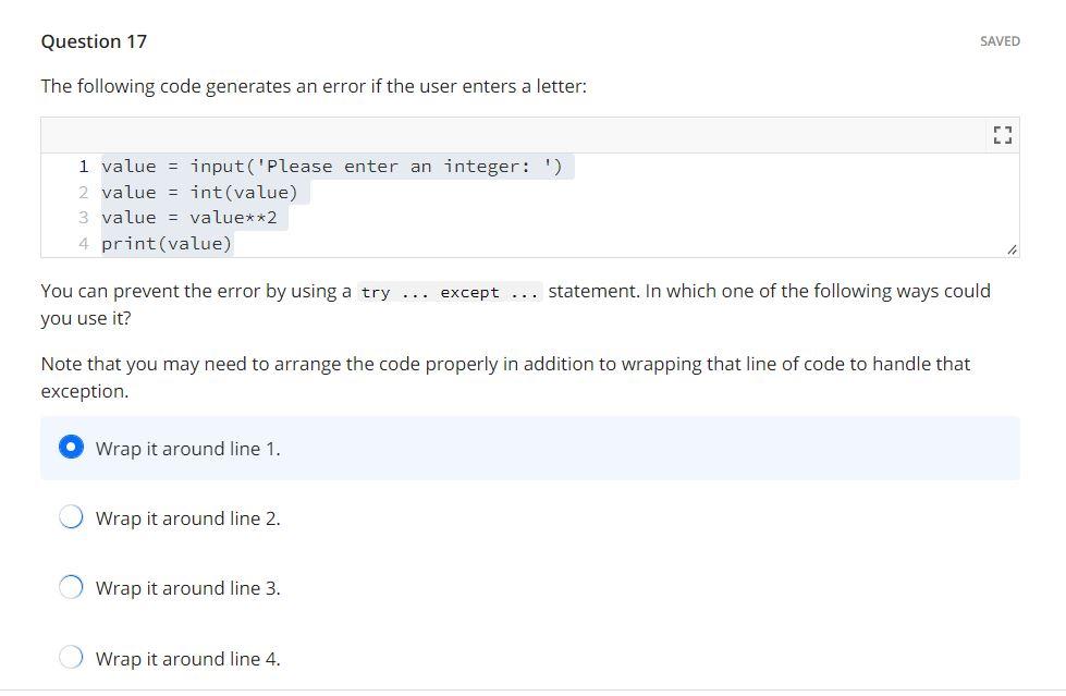 Solved Question 17 SAVED The following code generates an | Chegg.com