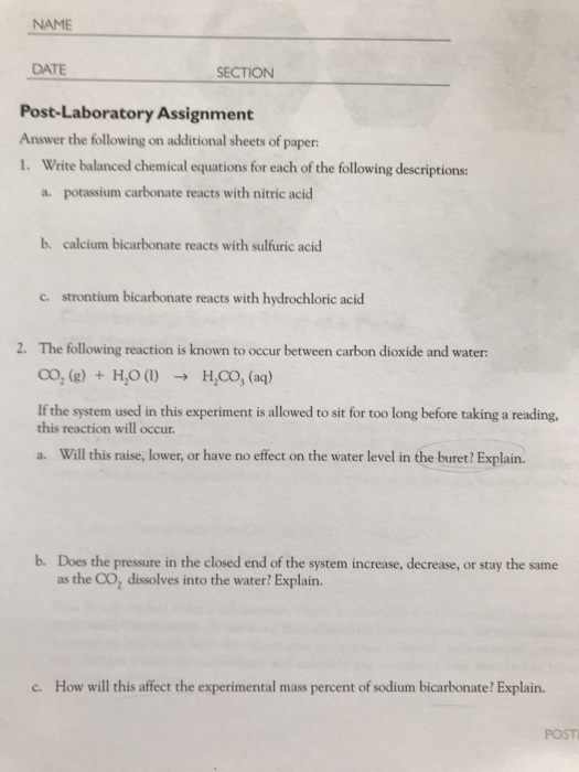 Solved NAME DATE SECTION Post-Laboratory Assignment Answer | Chegg.com