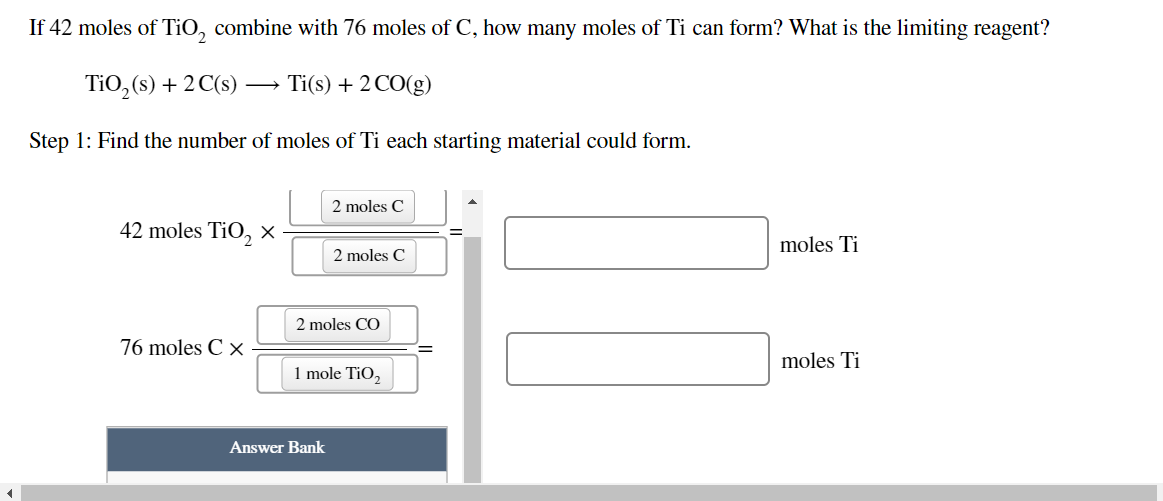 Solved If 42 moles of Tio, combine with 76 moles of C, how | Chegg.com