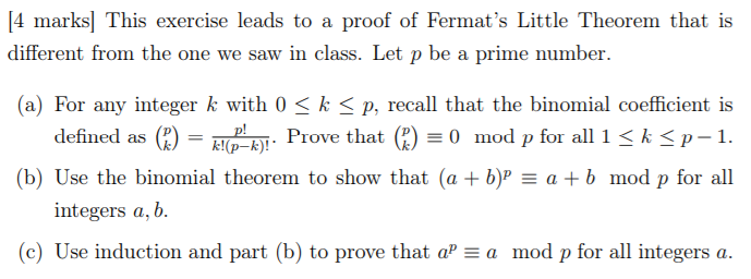 Solved [4 marks] This exercise leads to a proof of Fermat's | Chegg.com