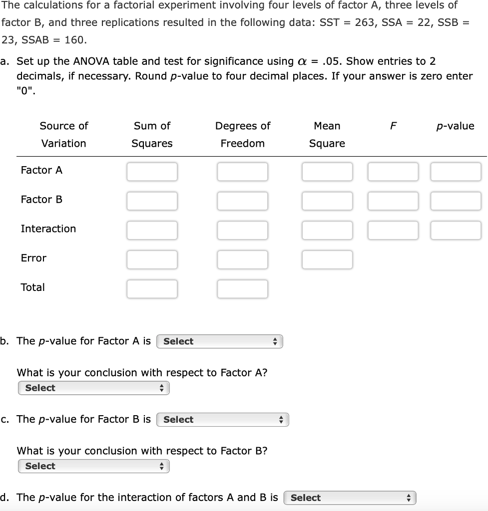 Solved The Calculations For A Factorial Experiment Involving