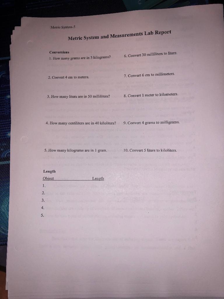 Solved complete metric system and measurements lab report | Chegg.com