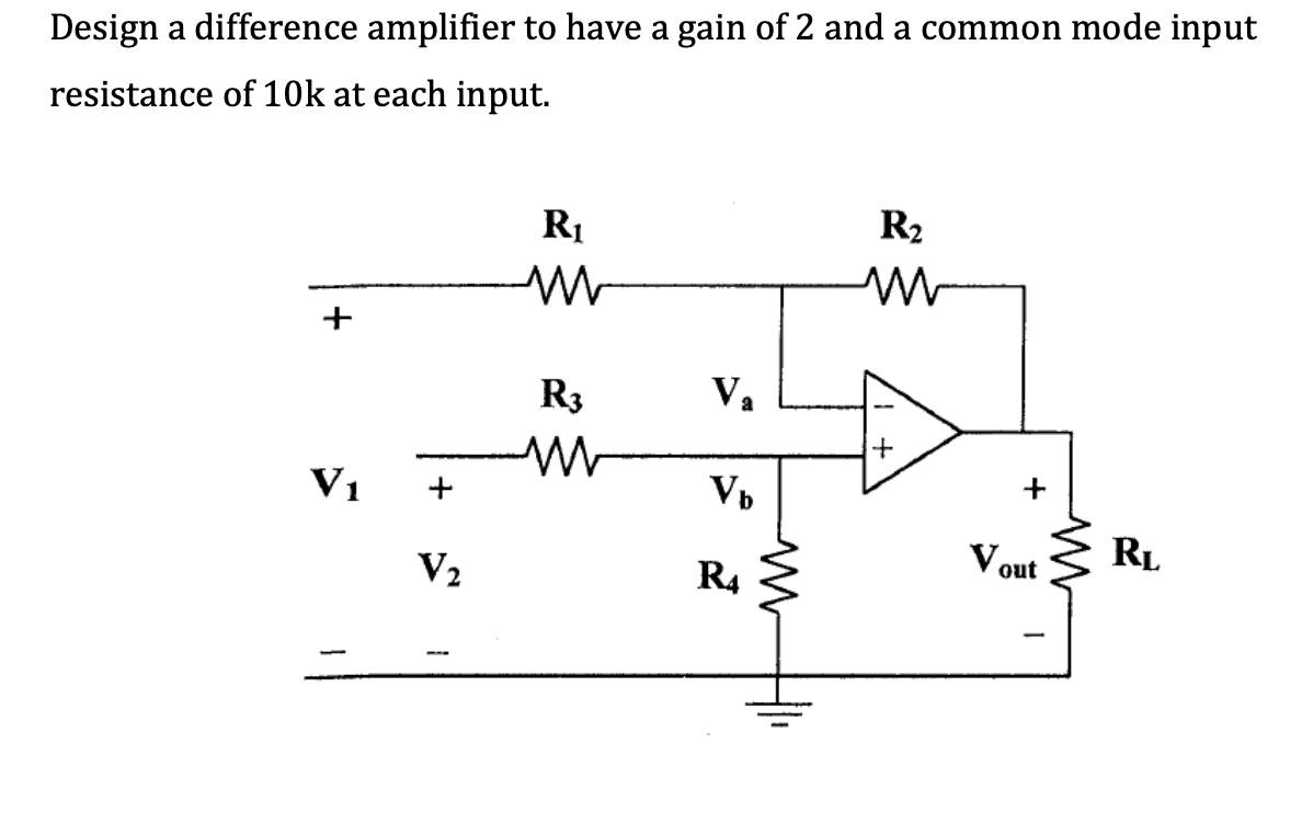Solved Design a difference amplifier to have a gain of 2 and | Chegg.com