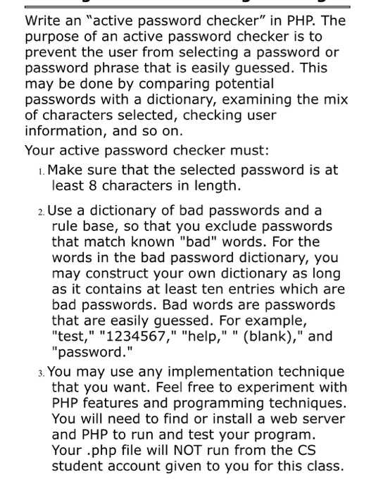 Solved Write an "active password checker" in PHP. The | Chegg.com