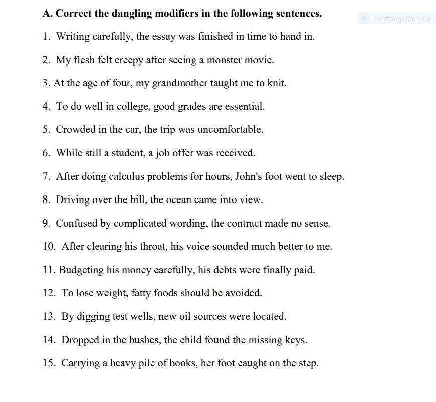 Solved A. Correct the dangling modifiers in the following | Chegg.com