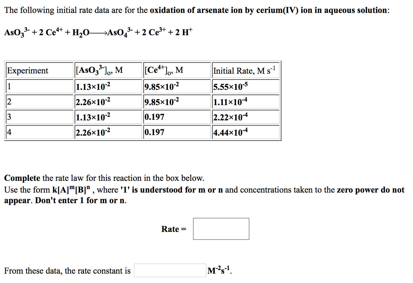Solved The following initial rate data are for the oxidation | Chegg.com