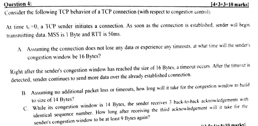 Question 4: Consider the following TCP behavior of a | Chegg.com