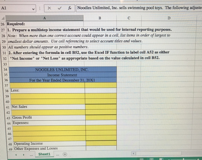Solved Preparing a Multi-Step Income Statement using Excel's | Chegg.com