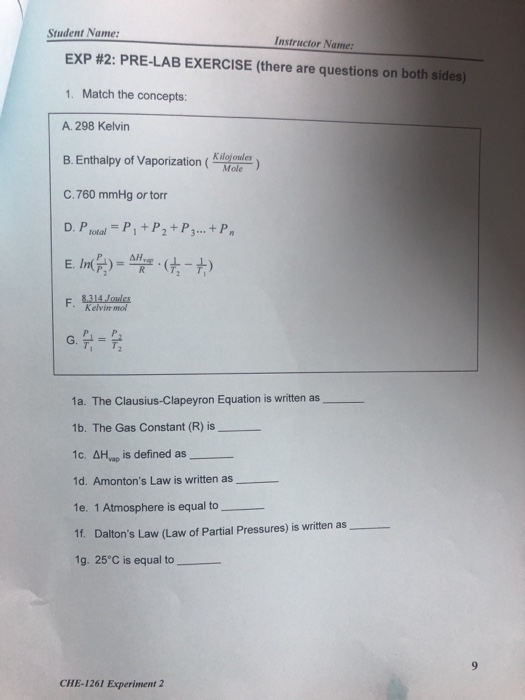 Solved Student Name: Instructor Name: EXP #2: PRE-LAB | Chegg.com