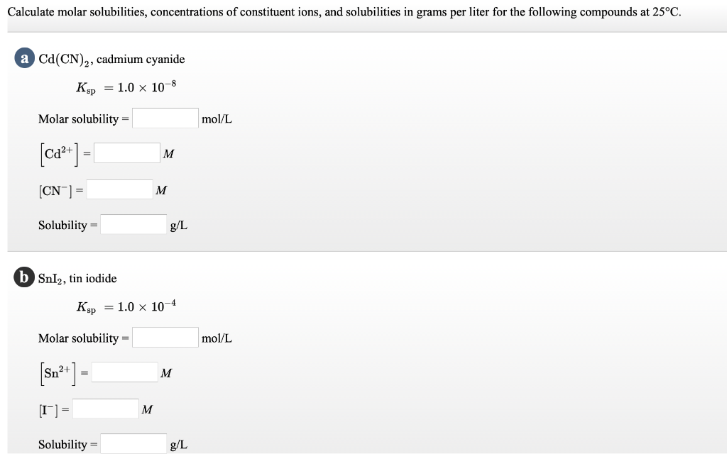 Solved Calculate molar solubilities, concentrations of | Chegg.com