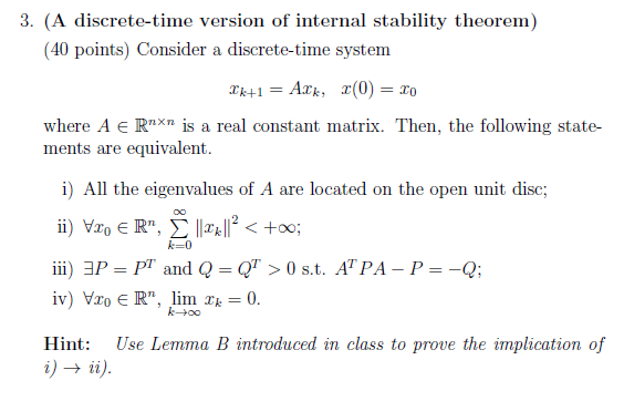 3. (A discrete-time version of internal stability | Chegg.com