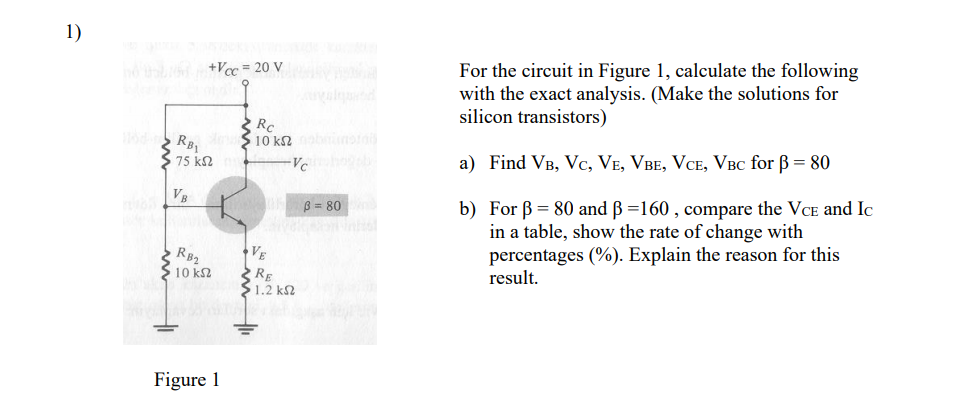 Solved 1) +Vcc = 20 V For the circuit in Figure 1, calculate | Chegg.com