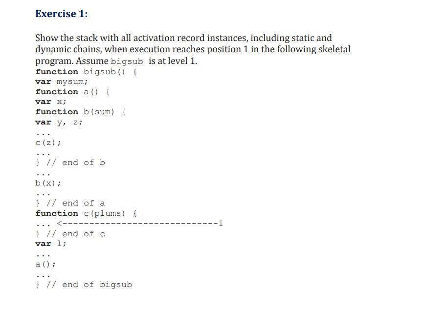 Solved Exercise 1: Show the stack with all activation record | Chegg.com