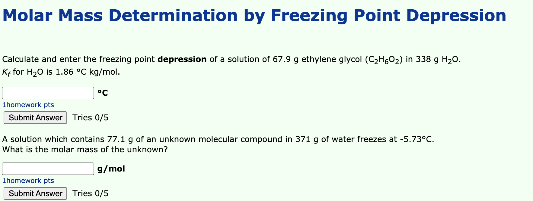 Solved Molar Mass Determination by Freezing Point Depression | Chegg.com