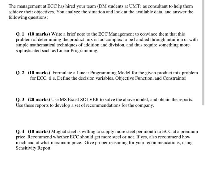 The management at ECC has hired your team (DM | Chegg.com