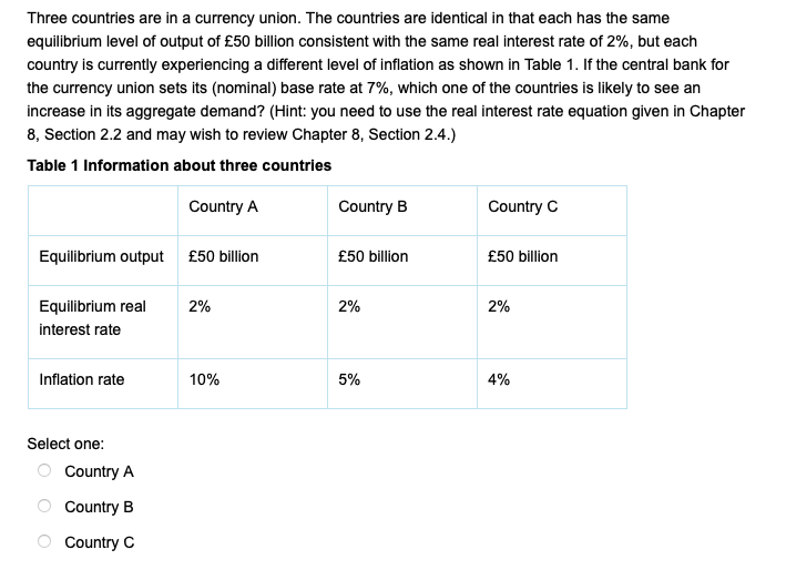 Solved Three countries are in a currency union. The | Chegg.com