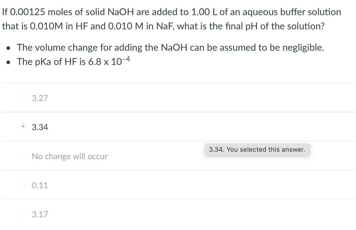 Solved If 0.00125 moles of solid NaOH are added to 1.00 L of | Chegg.com