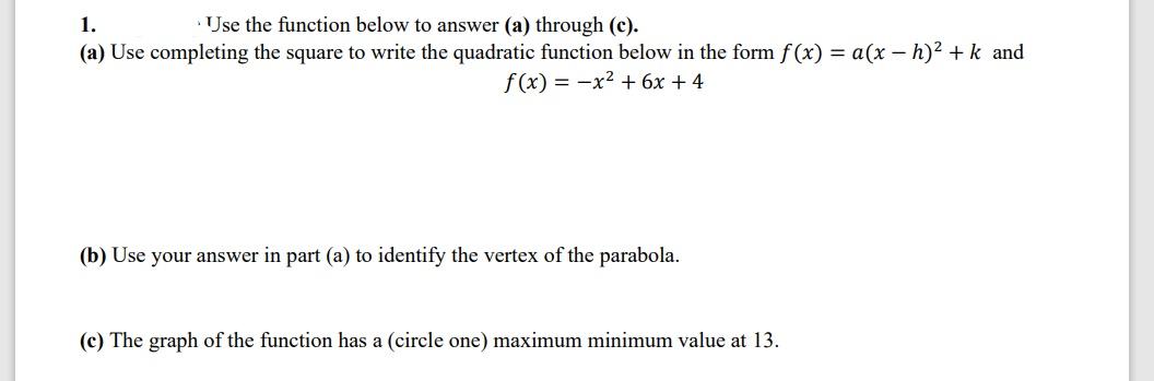 Solved 1. Jse the function below to answer (a) through (c). | Chegg.com