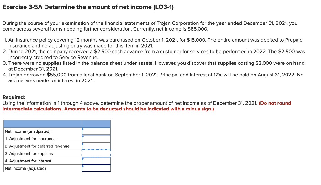 Solved Exercise 3-5A Determine the amount of net income | Chegg.com