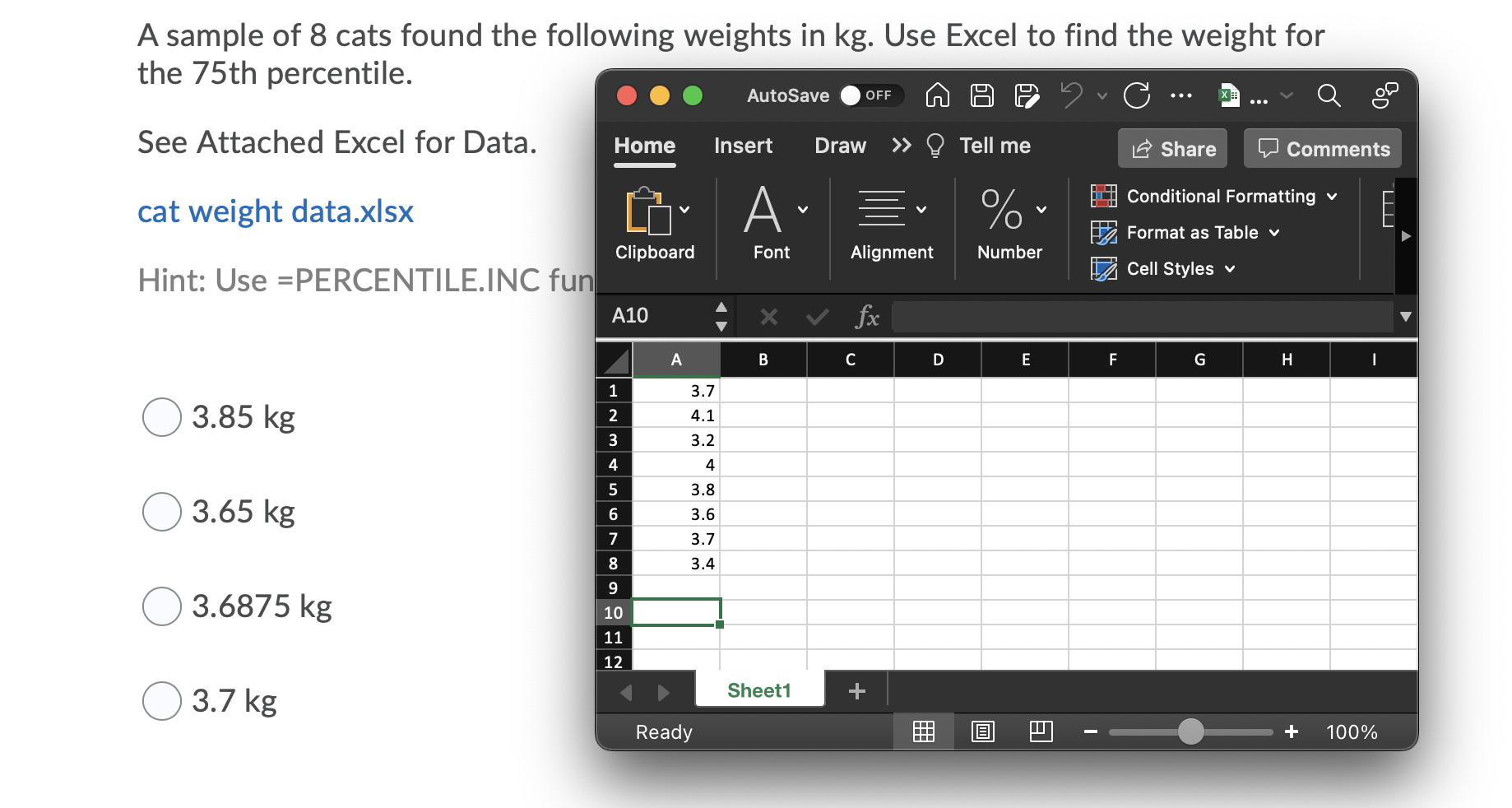 Solved A sample of 8 cats found the following weights in kg. | Chegg.com