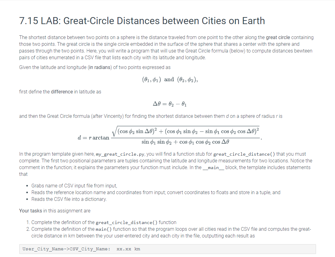 Solved 7.15 LAB: Great-Circle Distances between cities on | Chegg.com