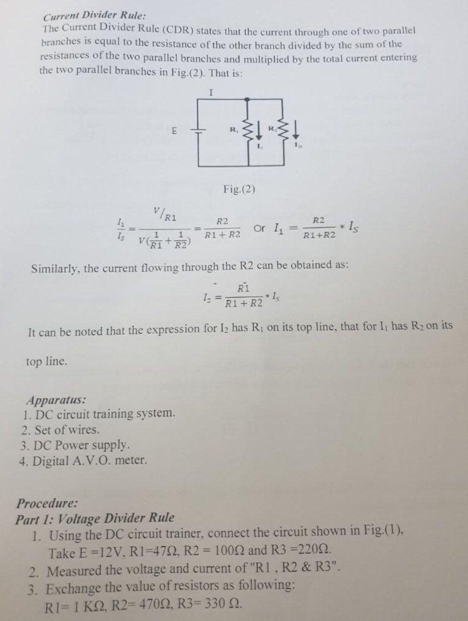 Current Divider Rule: The Current Divider Rule (CDR) | Chegg.com