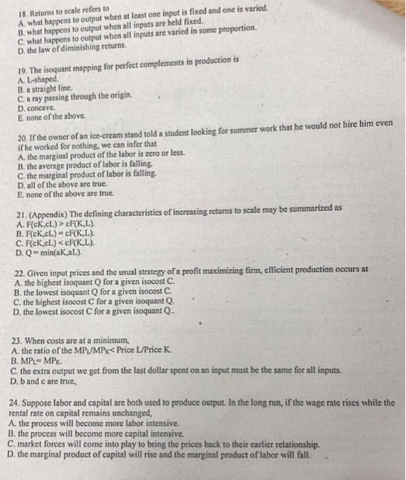 Solved 18. Returns to scale refers to A, what happens to | Chegg.com