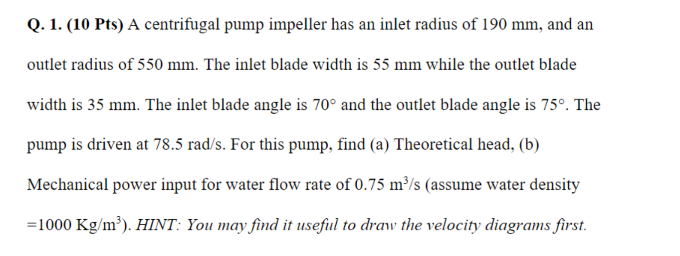 Solved Q. 1. (10 Pts) A centrifugal pump impeller has an | Chegg.com