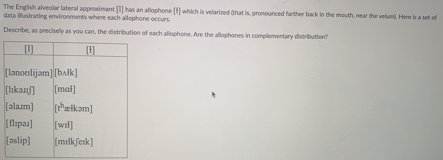 The English alveolar lateral approximant [l] has an | Chegg.com