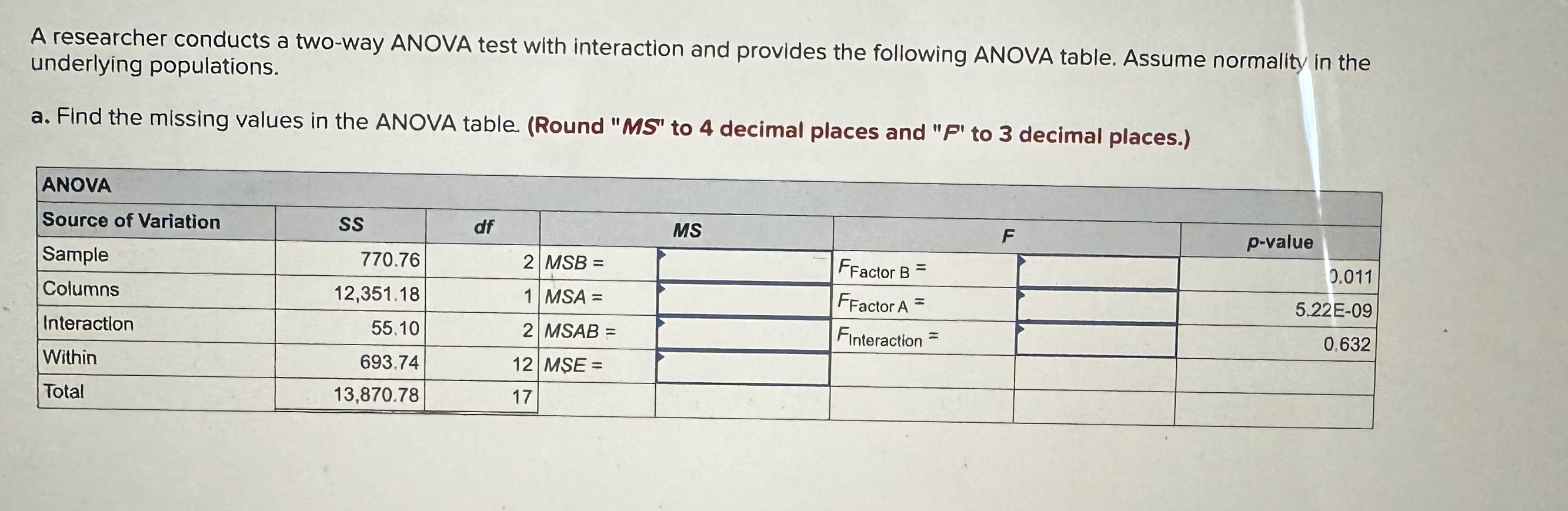 Solved A researcher conducts a two-way ANOVA test with | Chegg.com