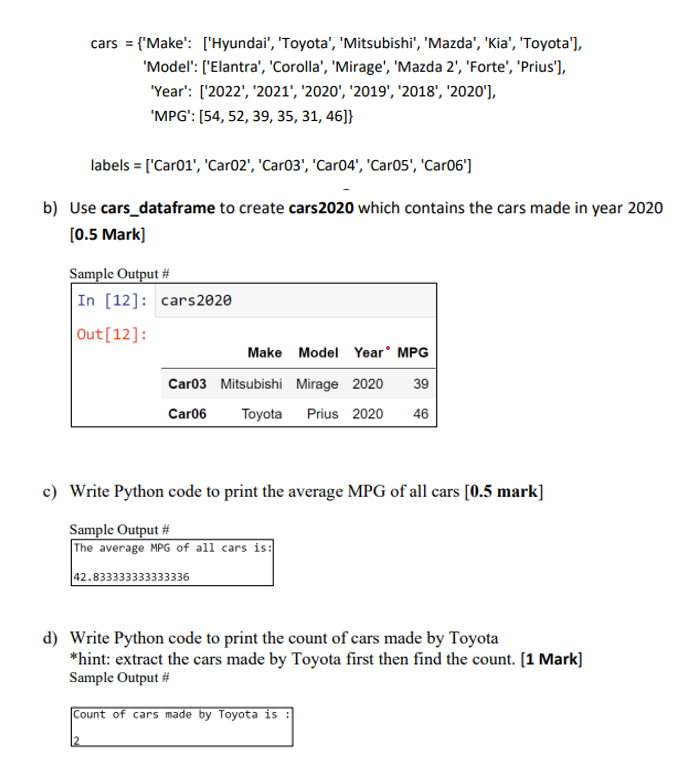 Solved cars = {'Make': ['Hyundai', 'Toyota', 'Mitsubishi', | Chegg.com