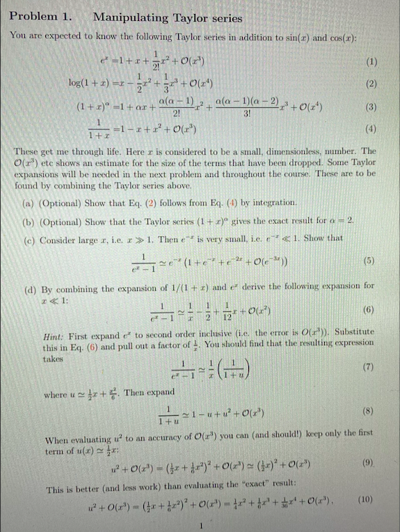 Solved Problem 1. Manipulating Taylor series You are | Chegg.com