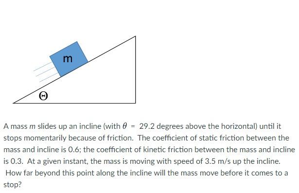 Solved A mass m slides up an incline (with θ=29.2 degrees | Chegg.com
